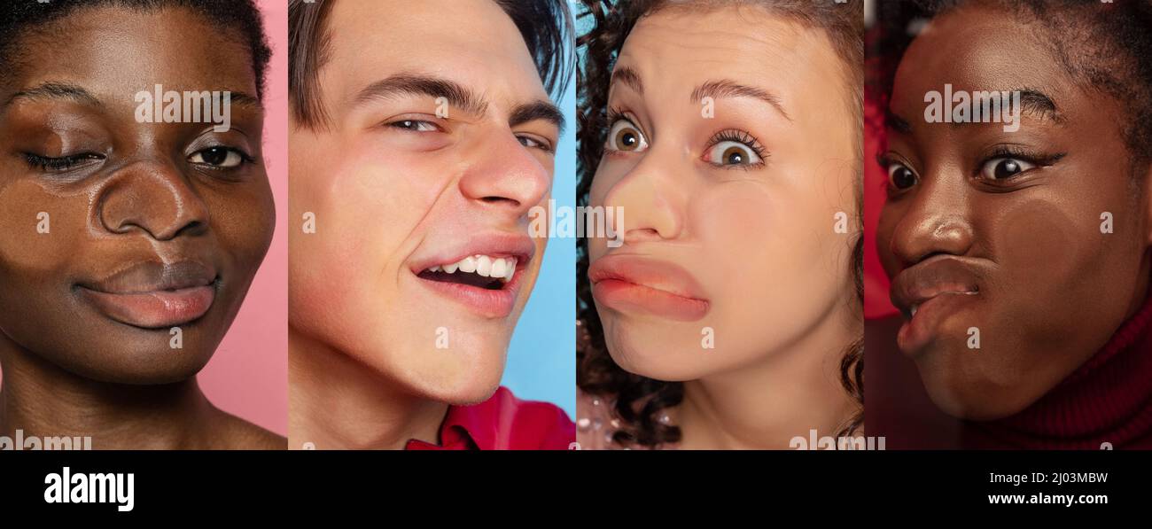 Upset, despair. Set of close-up faces of young girls and boys crushed ...