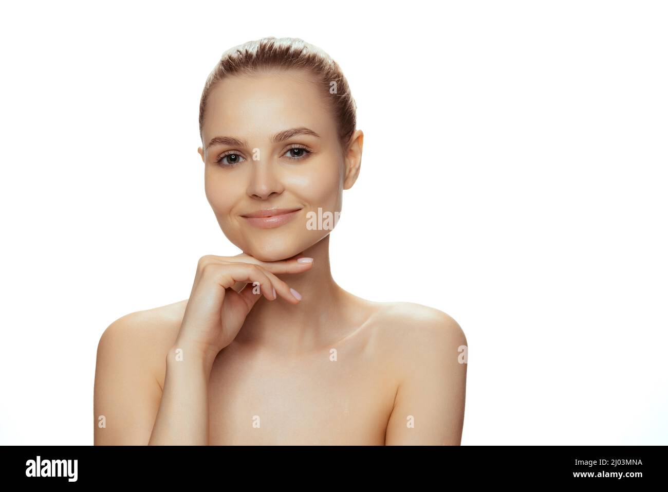 Portrait of young beautiful woman with no makeup posing isolated over ...