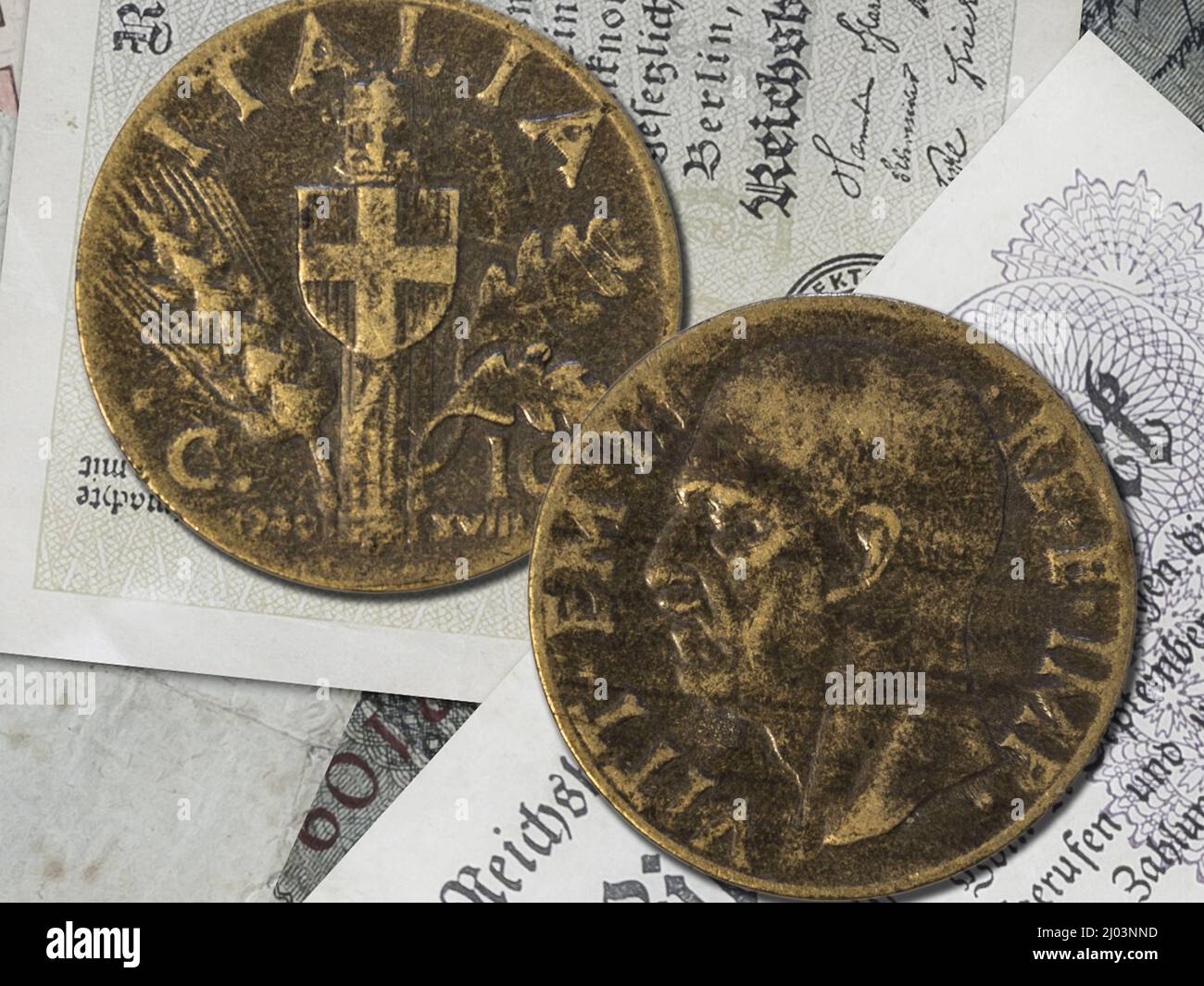 Vintage fascist Italy Lira coins, depicting king Vittorio Emanuele ...