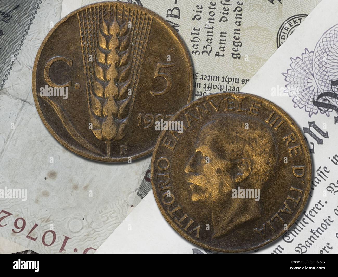 Vintage fascist Italy Lira coins, depicting king Vittorio Emanuele ...