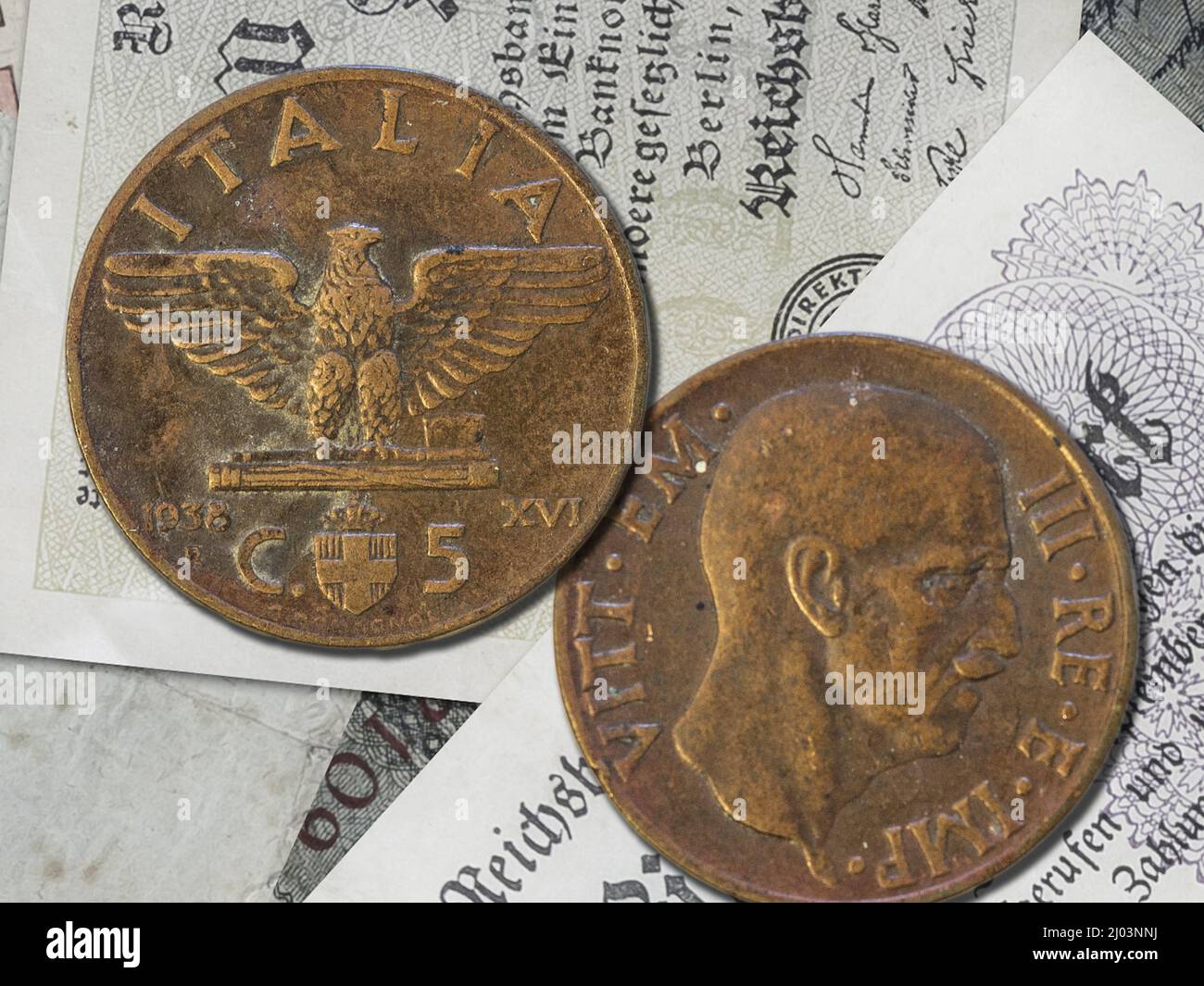 Vintage fascist Italy Lira coins, depicting king Vittorio Emanuele ...