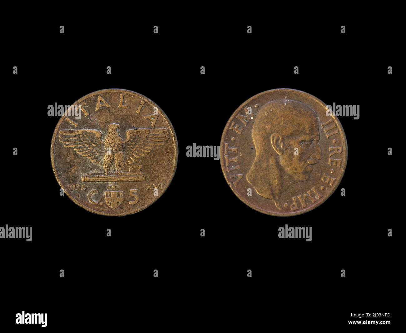 Vintage fascist Italy Lira coins, depicting king Vittorio Emanuele ...