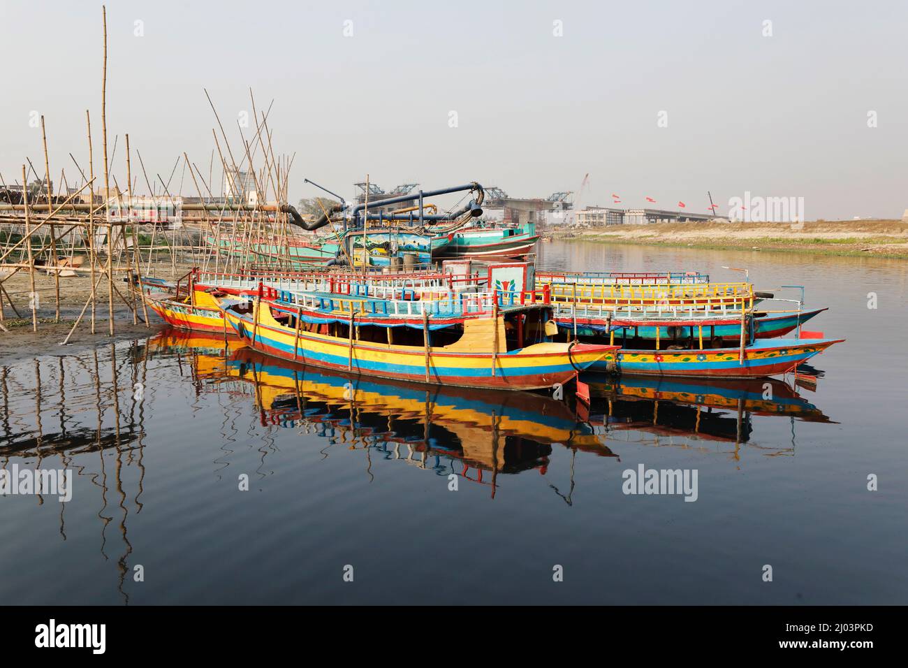 Dhaka, Bangladesh - March 15, 2022: The water of river Balu became ...