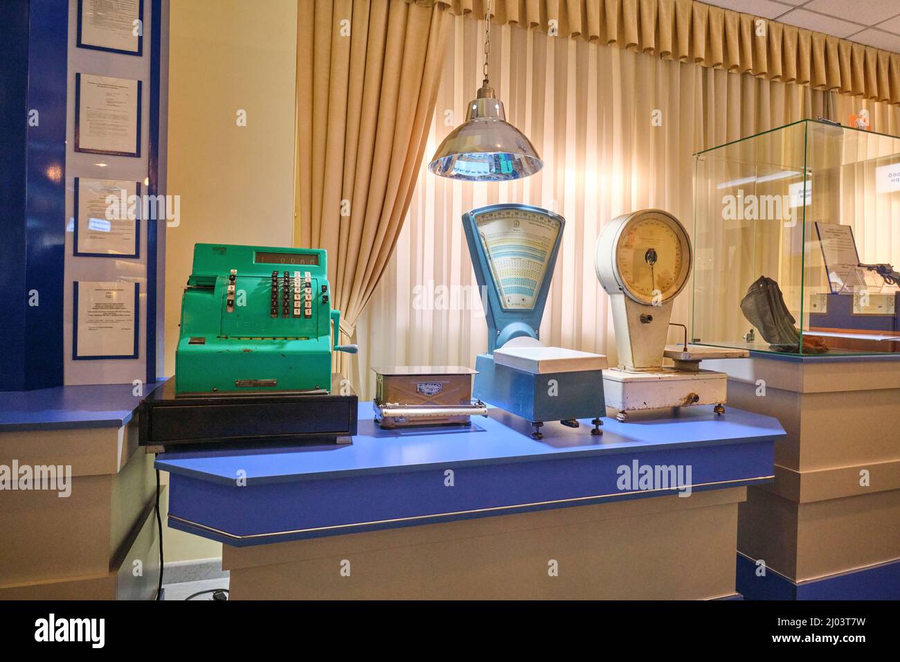 Typical old cash register and scales, used in a Russian, Soviet ...