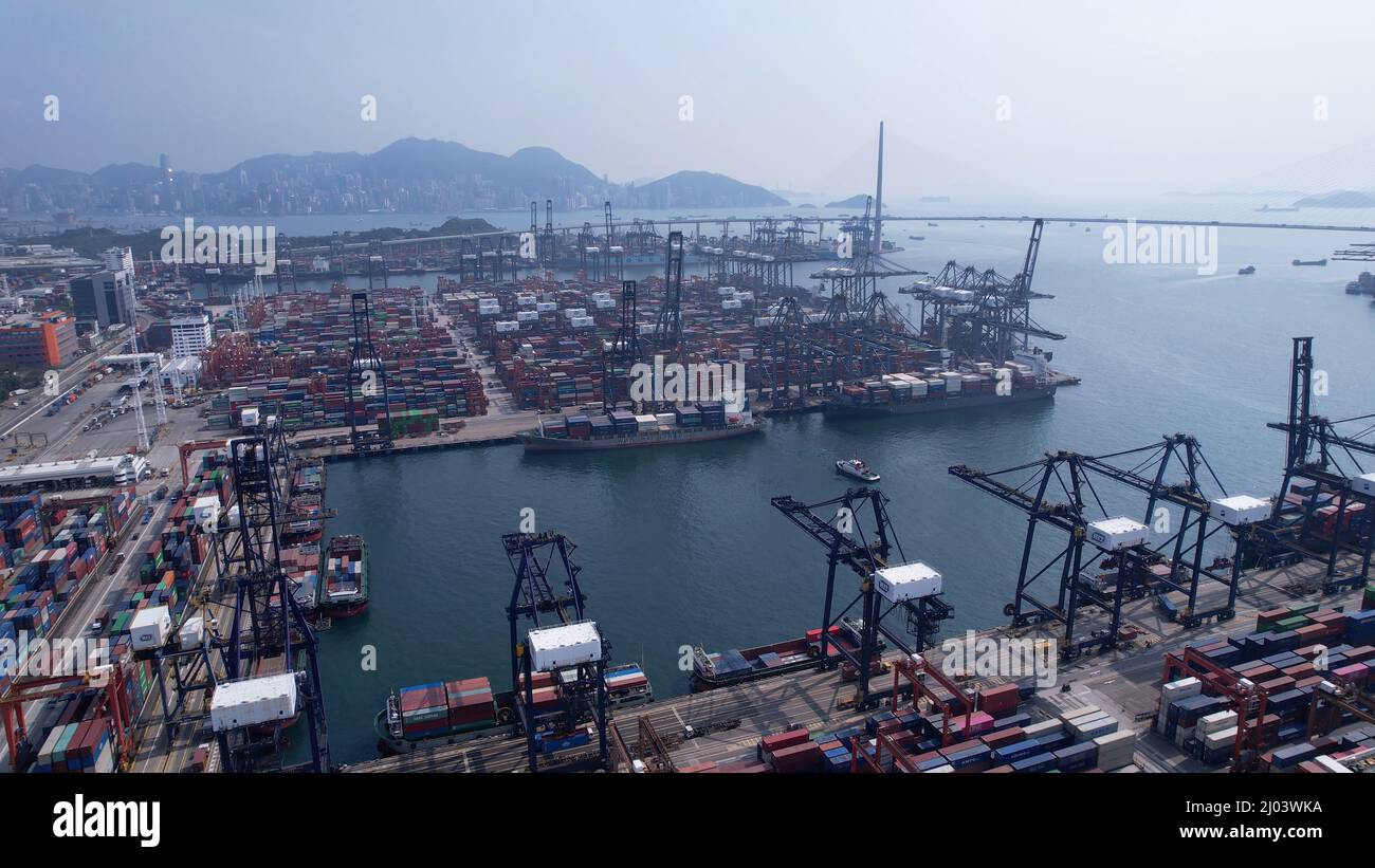 Kwai Tsing container terminal port view in drone. HK logistics face the ...