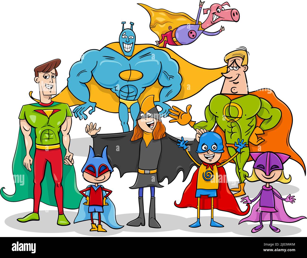 cartoon illustration of heroes or superheroes fantasy characters group ...