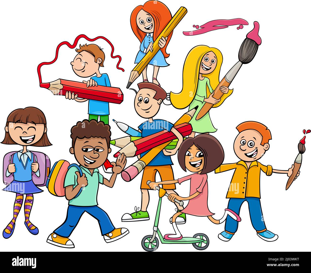 Cartoon illustration of happy elementary school students characters ...