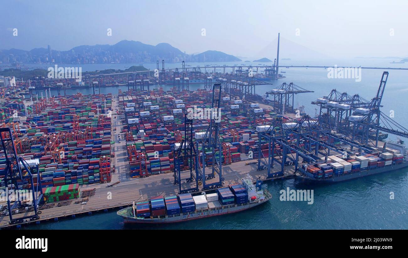 Kwai Tsing container terminal port view in drone. HK logistics face the ...