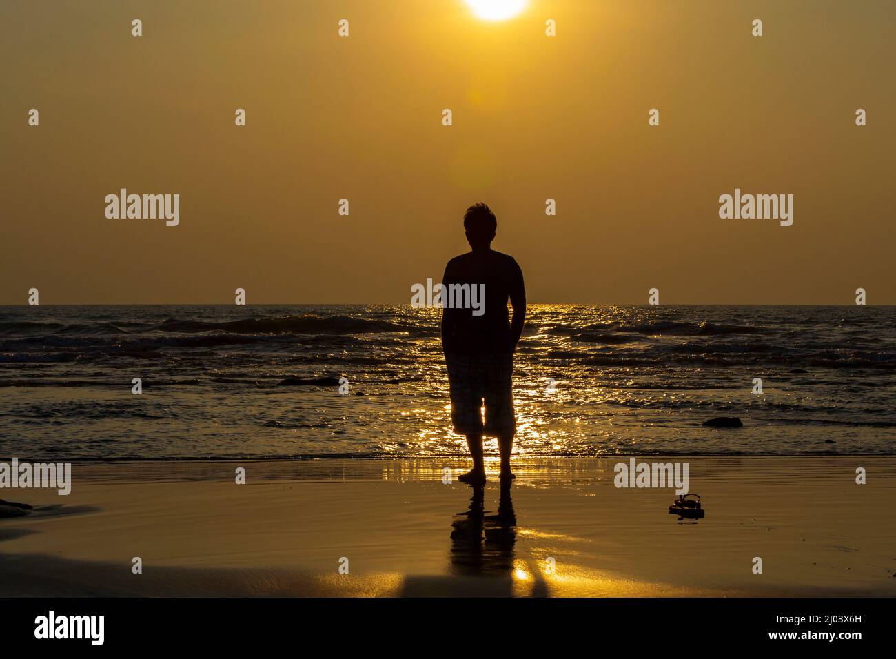 Golden Sunset by the sea with a human silhouette facing the sun Stock ...
