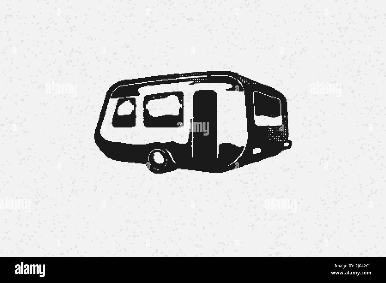 Silhouette of retro trailer designed as emblem road trip in countryside ...