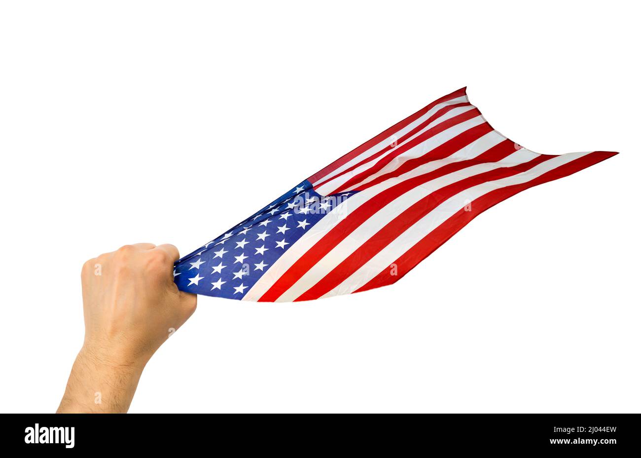 American fan holding the flag of USA isolate with white background ...