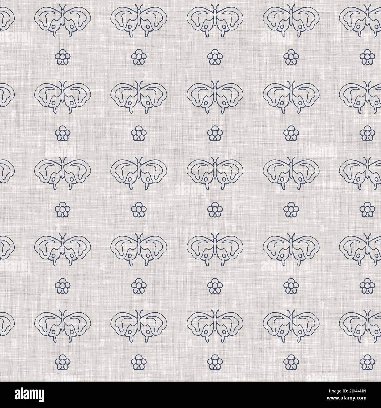 Farmhouse blue butterfly linen seamless pattern. Tonal french country ...