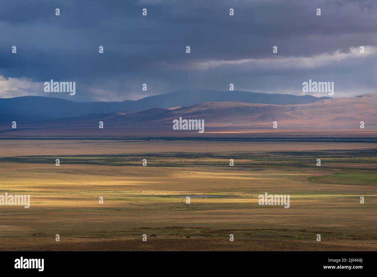 Amazing evening landscape with streaks of sunlight in the steppe at ...