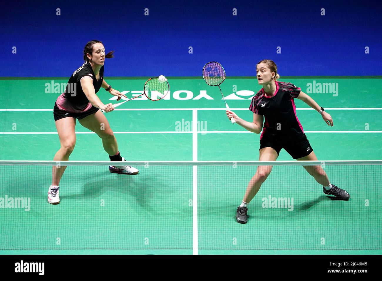 England's Jessica Pugh and Chloe Birch (left) in action against Denmark ...