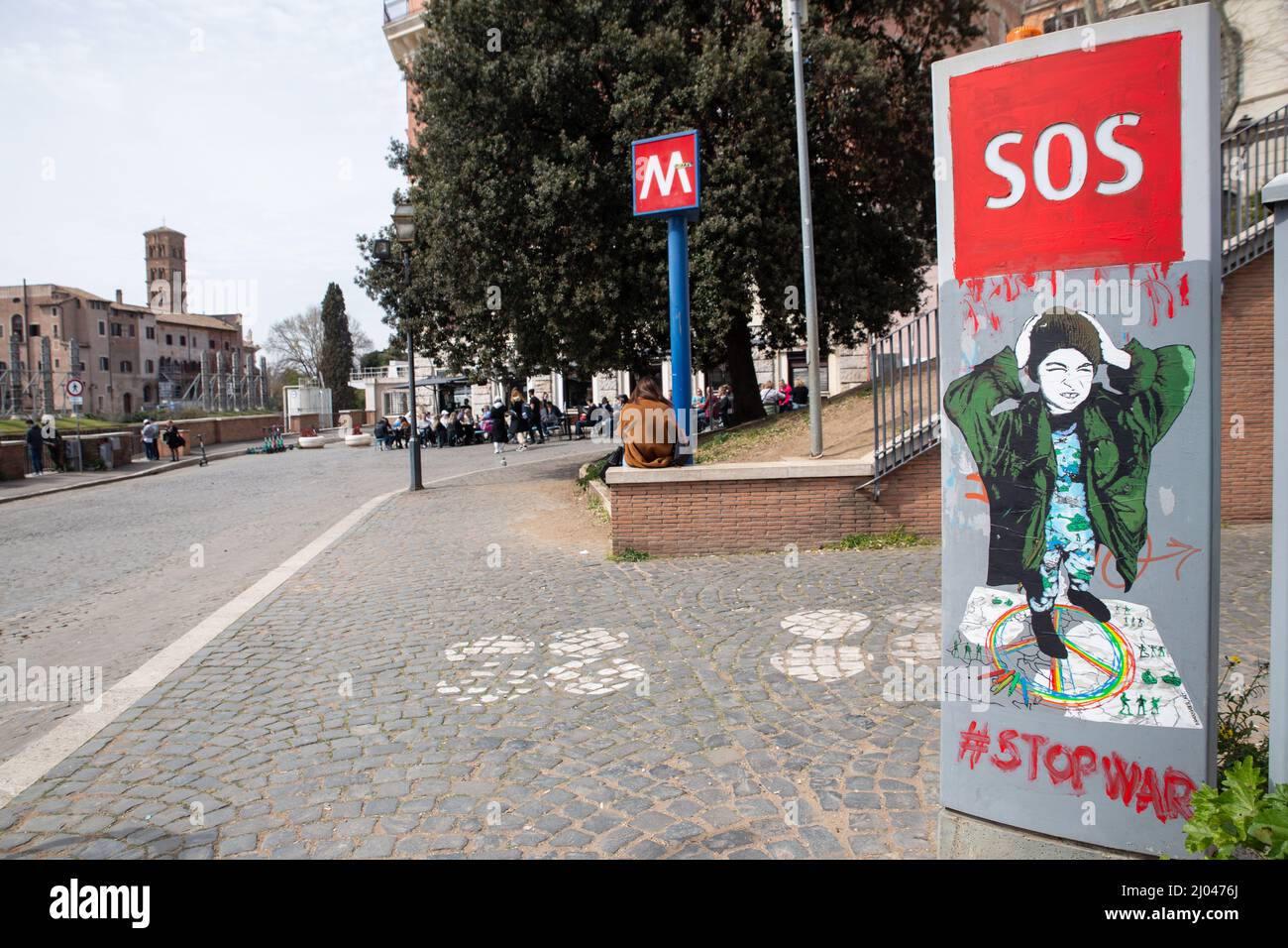 View of mural "SOS Kids" made by Harry Greb in front of Colosseum in ...