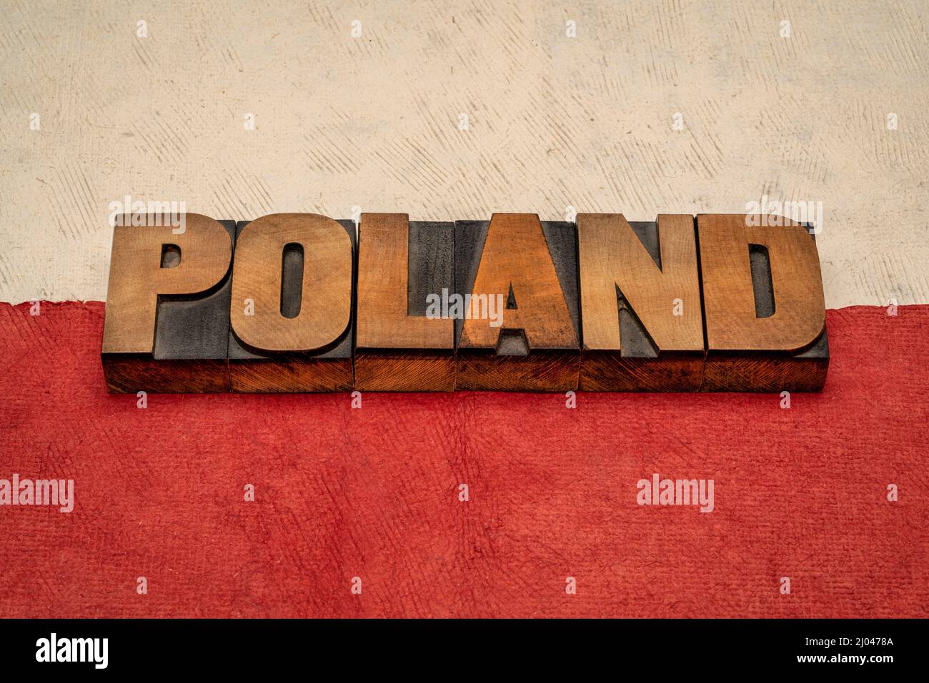 Poland word abstract in vintage letterpress wood type against paper ...