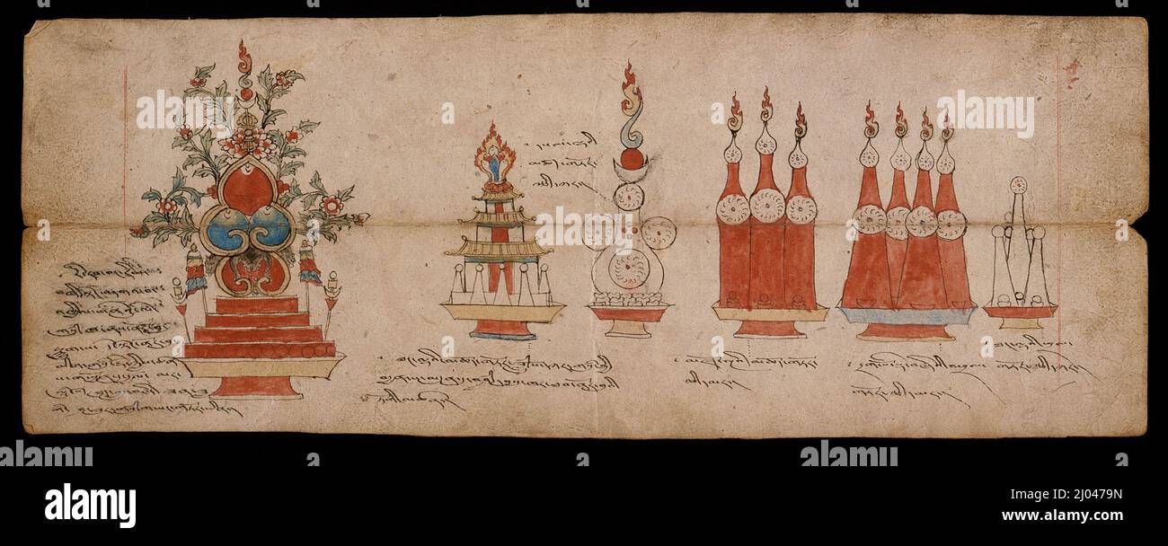Four Manuscript Pages with Ceremonial Offering Cakes (Torma) and Ritual ...