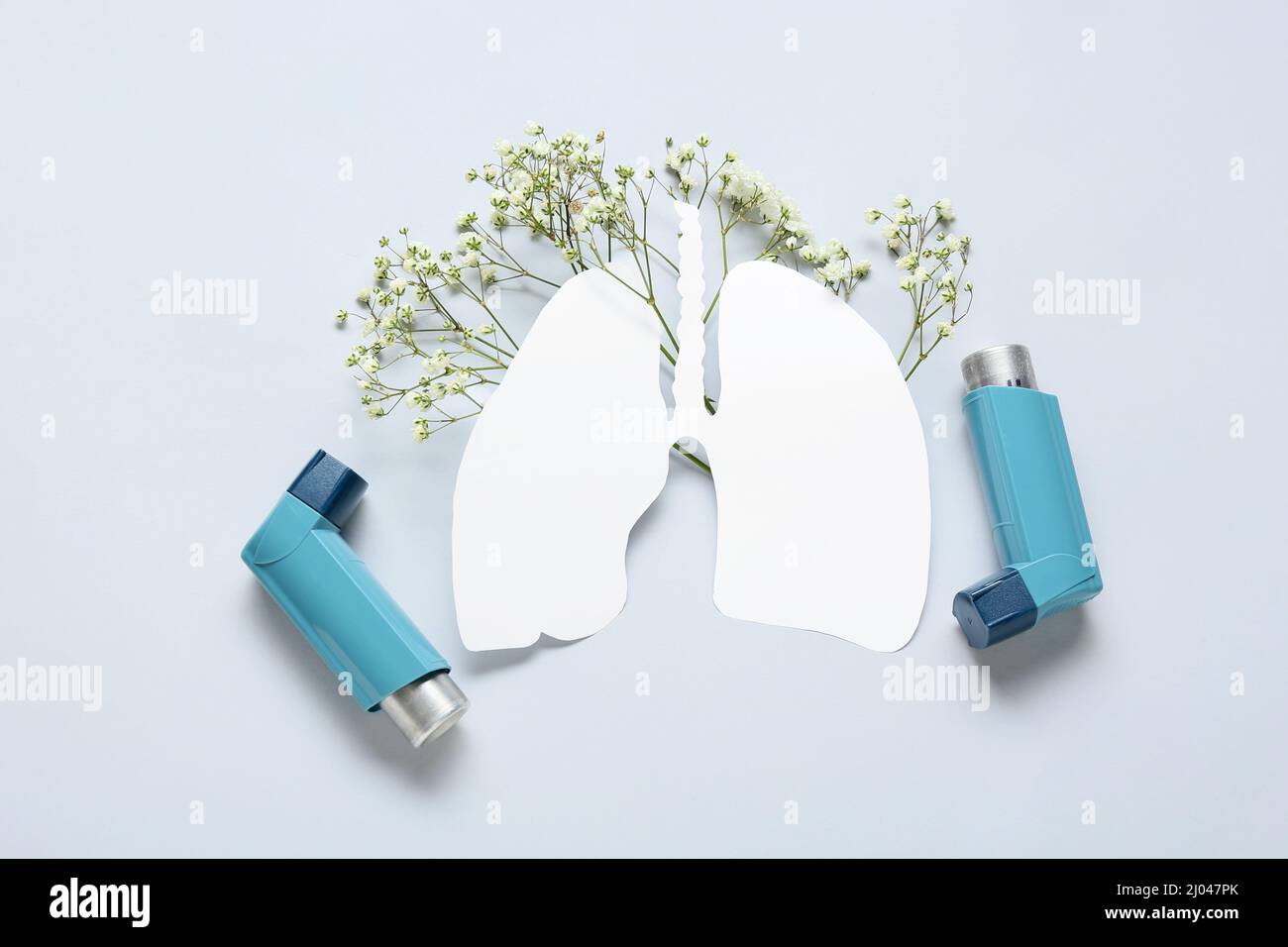 Composition with paper lungs, inhalers and gypsophila flowers on white ...