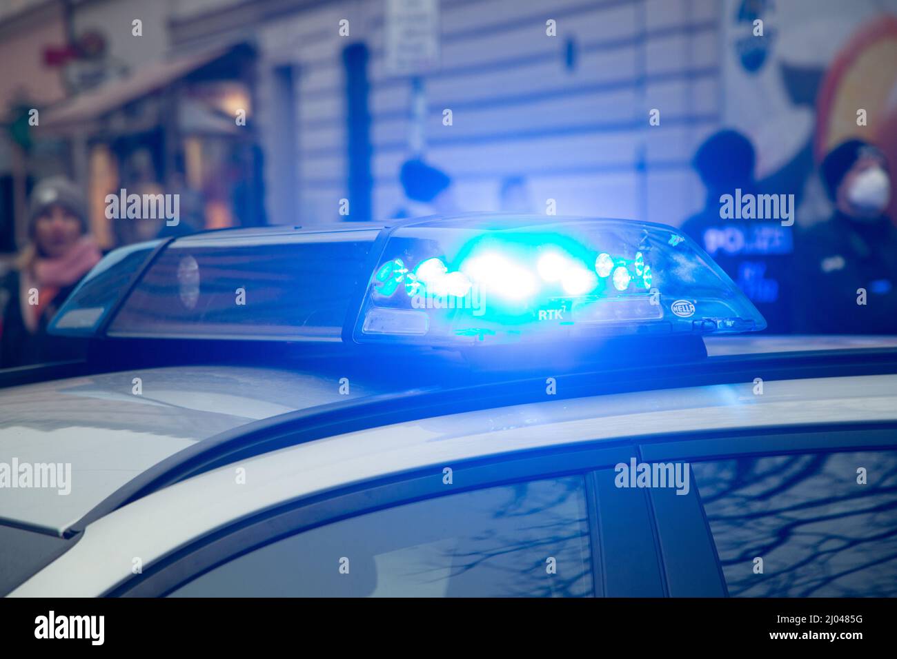 Police car with bluelight in operation. (Photo by Alexander Pohl/Sipa ...