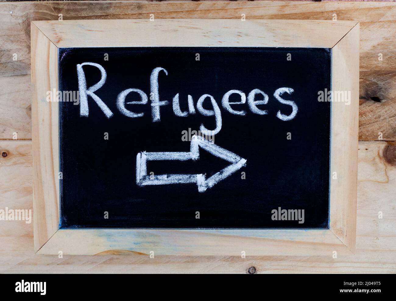 Chalkboard sign showing direction for refugees Stock Photo - Alamy