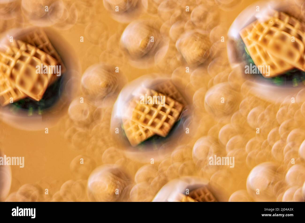 Creative food photography, Waffles reflected in colourful water drops ...