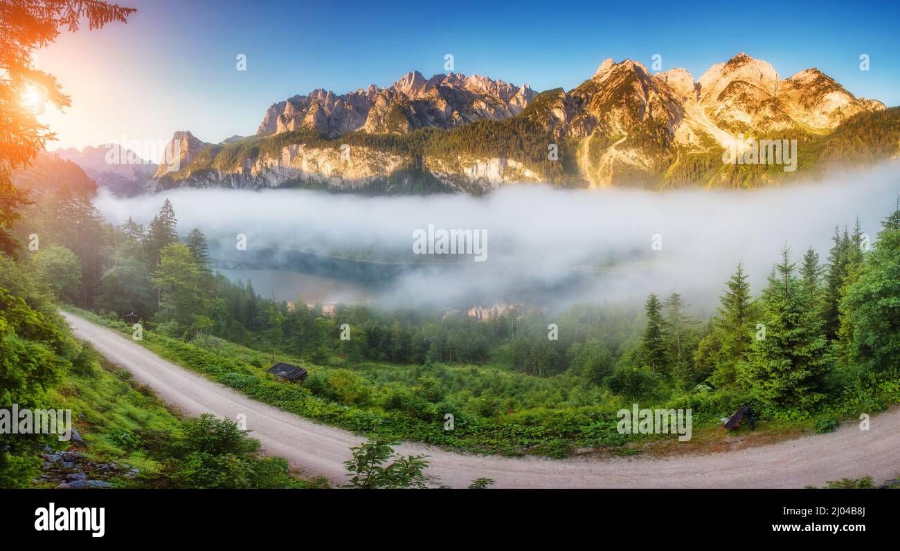 Fantastic azure alpine lake Vorderer Gosausee at dawn. Unusual and ...