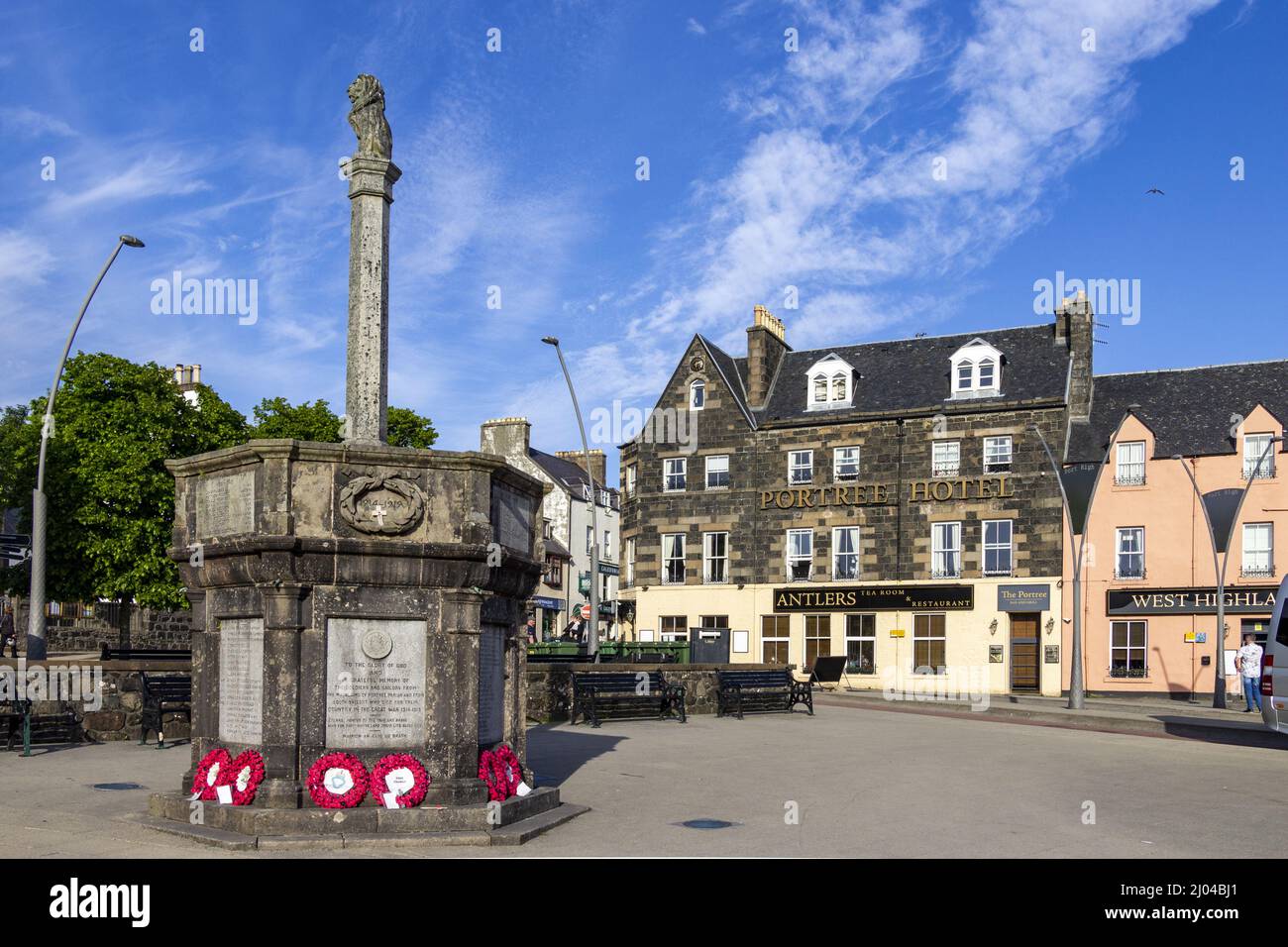 Monument in the main plaza of Portree, Isle of Skye, Scotland, UK Stock ...