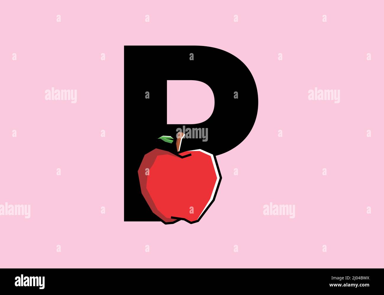 P initial letter with red apple in stiff art style design Stock Vector ...