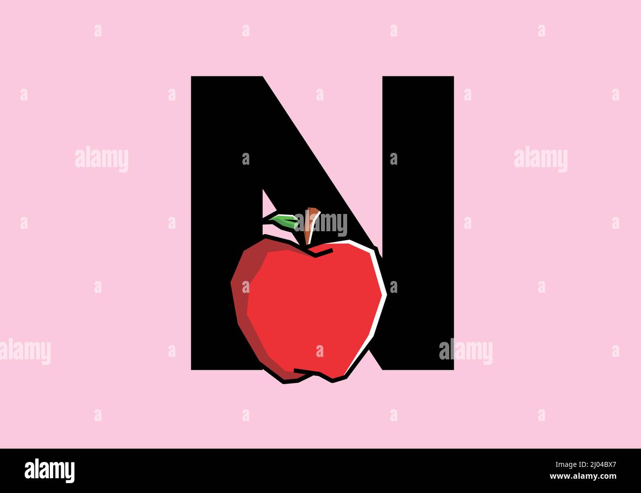 N initial letter with red apple in stiff art style design Stock Vector ...