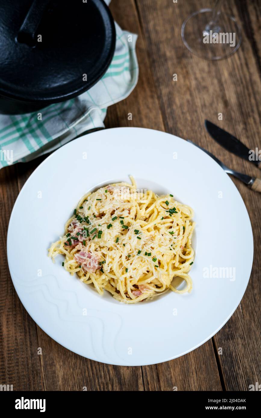 Italian cuisine pasta spaghetti ala carbora with egg, cheese parmasan ...