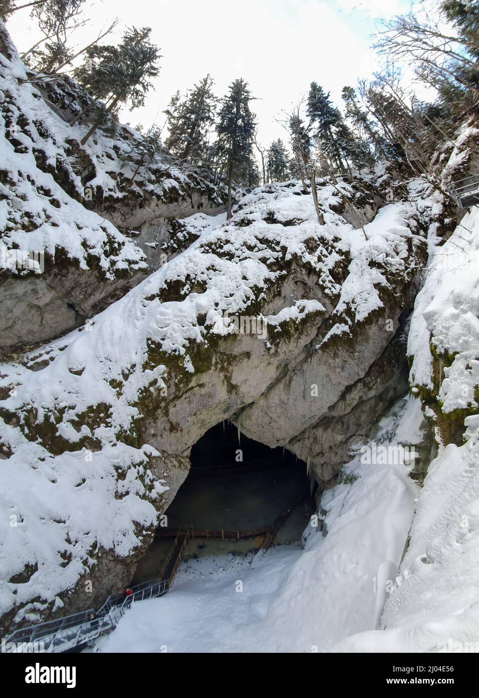 Low angle shot of a snowy Scarisoara Cave from the Apuseni Mountains in ...