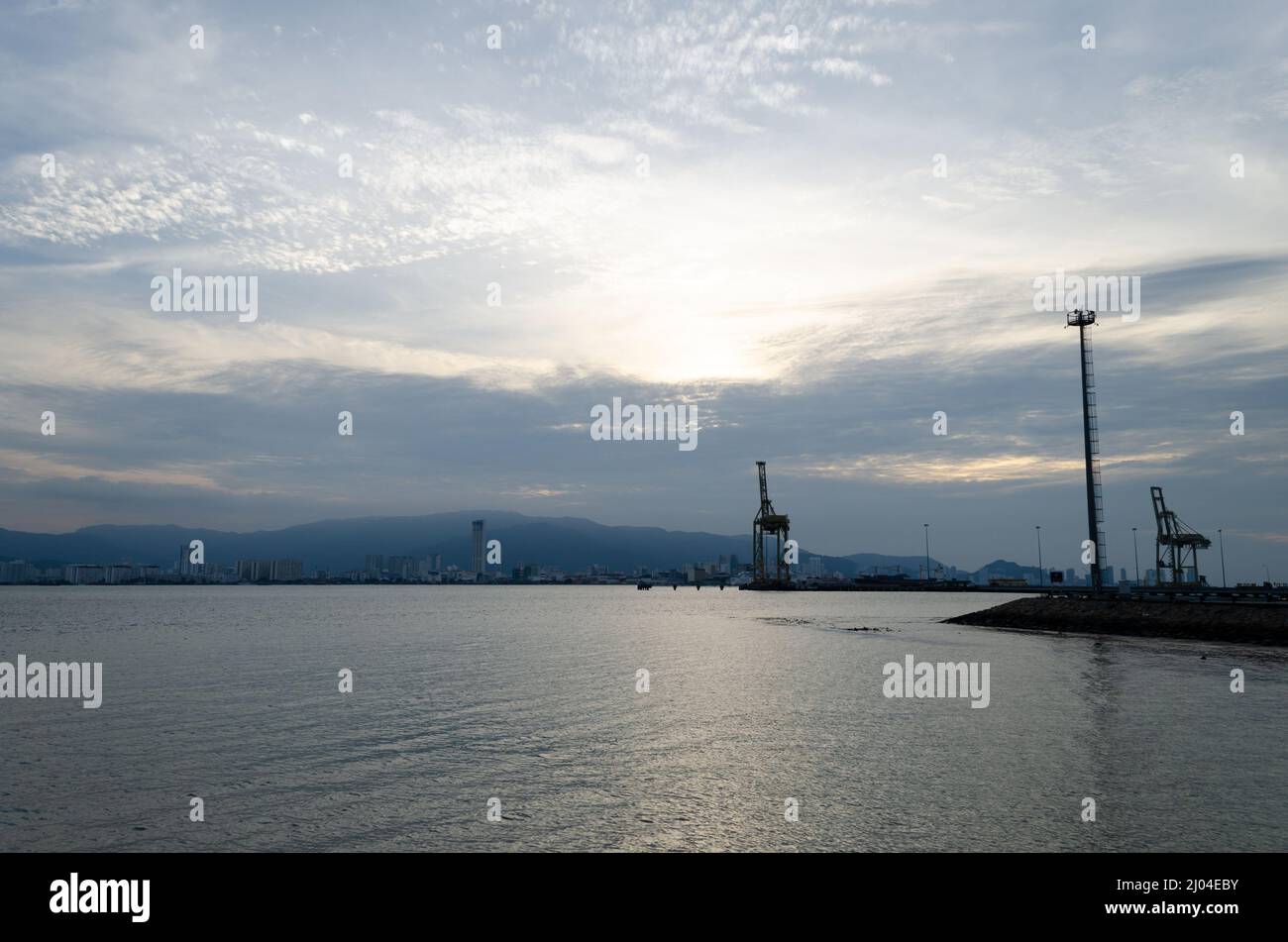Container terminal port in evening. Background is Penang Island Stock ...