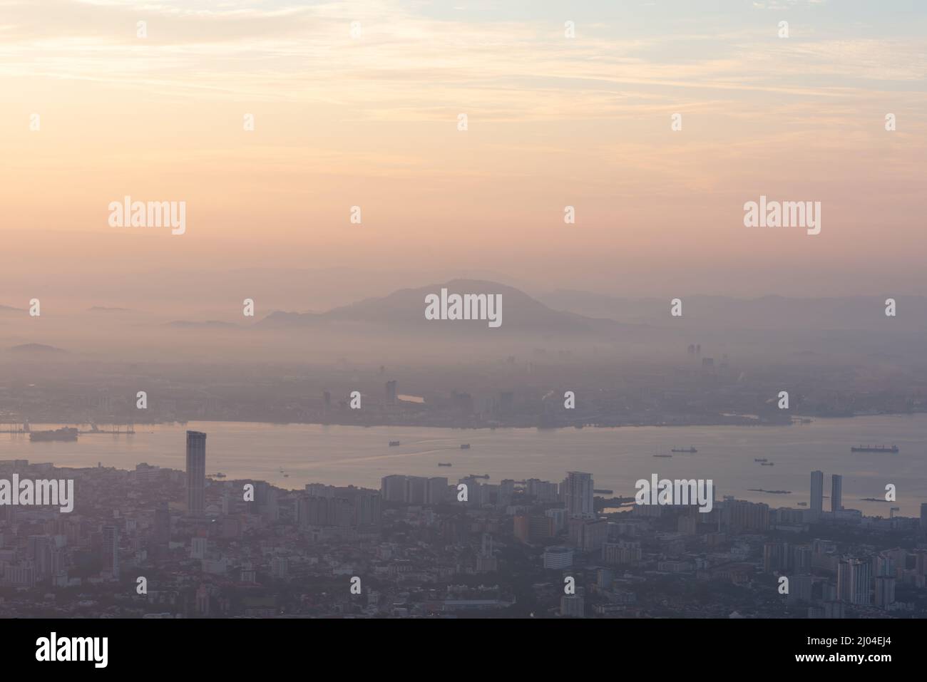 Penang Georgetown and Seberang Perai view from hill in sunrise hour ...