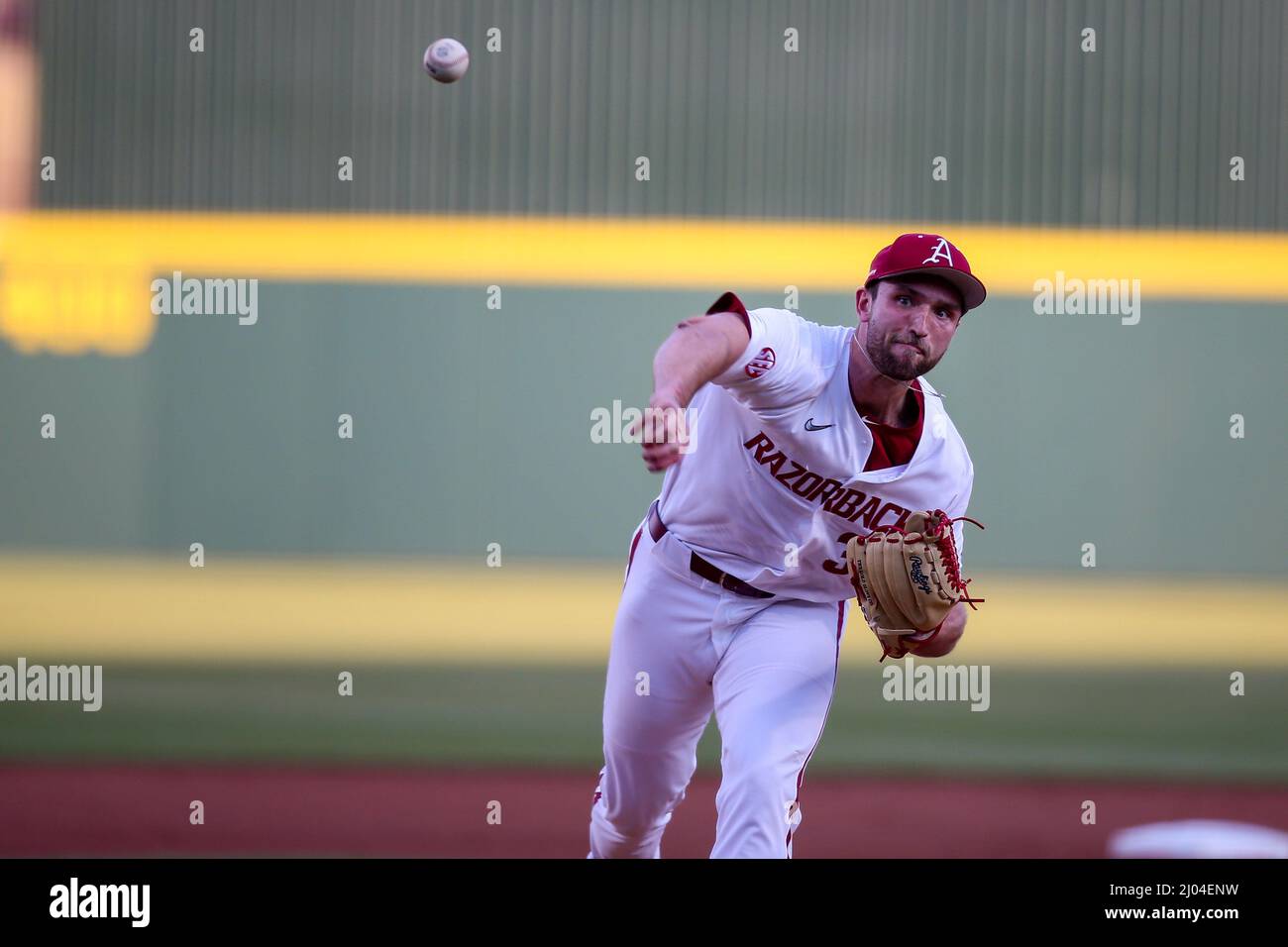 The Plate. 15th Mar, 2022. Arkansas pitcher Mark Adamiak #38 delivers a pitch to the plate ...