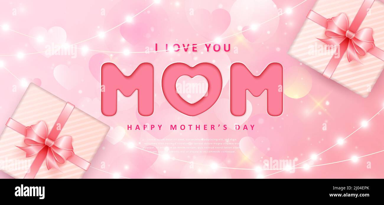 Happy mother's day 3D present gift box with pink ribbon flower and ...