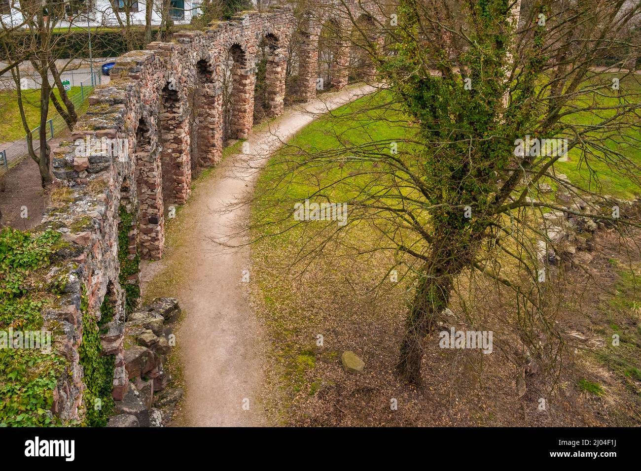 Nice aerial view of the artificial ruins of the Roman water aqueduct by ...