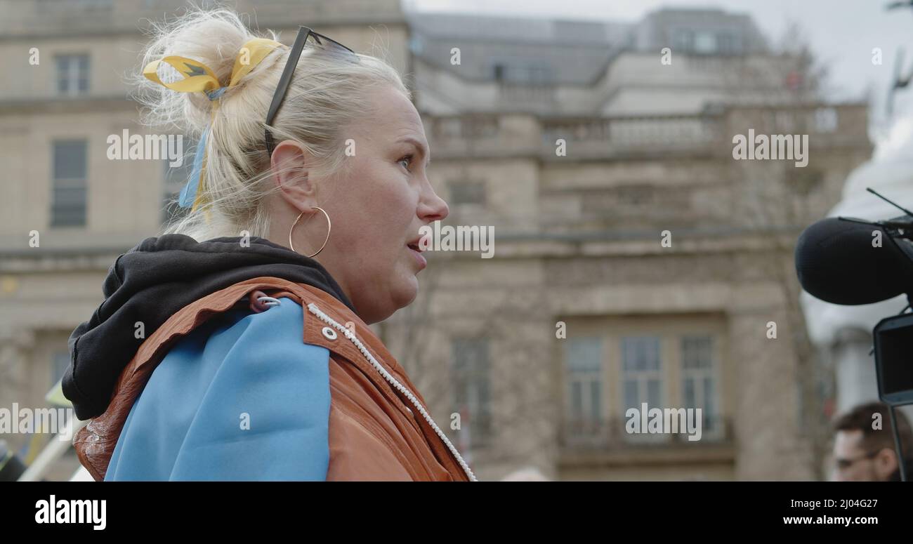 London, UK - 03 06 2022: A Ukrainian woman protester at Trafalgar ...