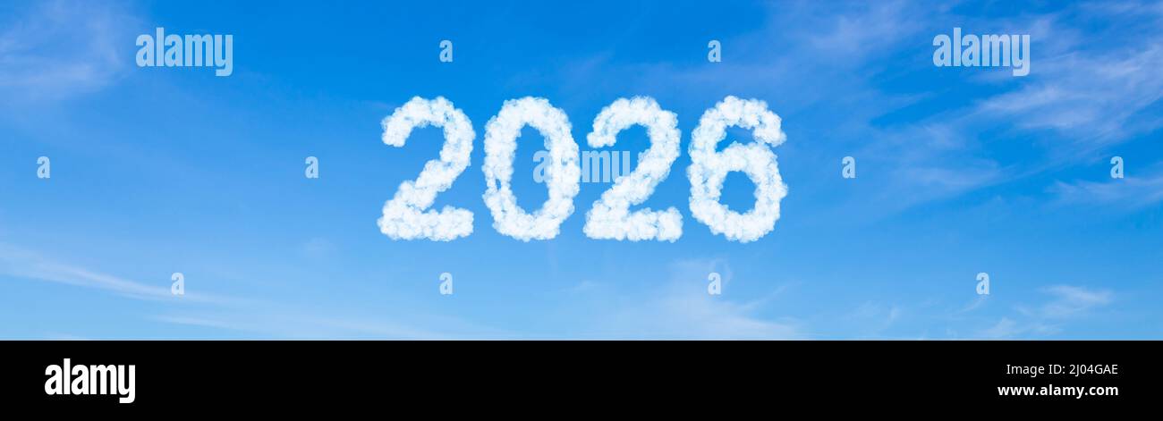 Year 2026 word made of clouds on blue sky background Stock Photo - Alamy