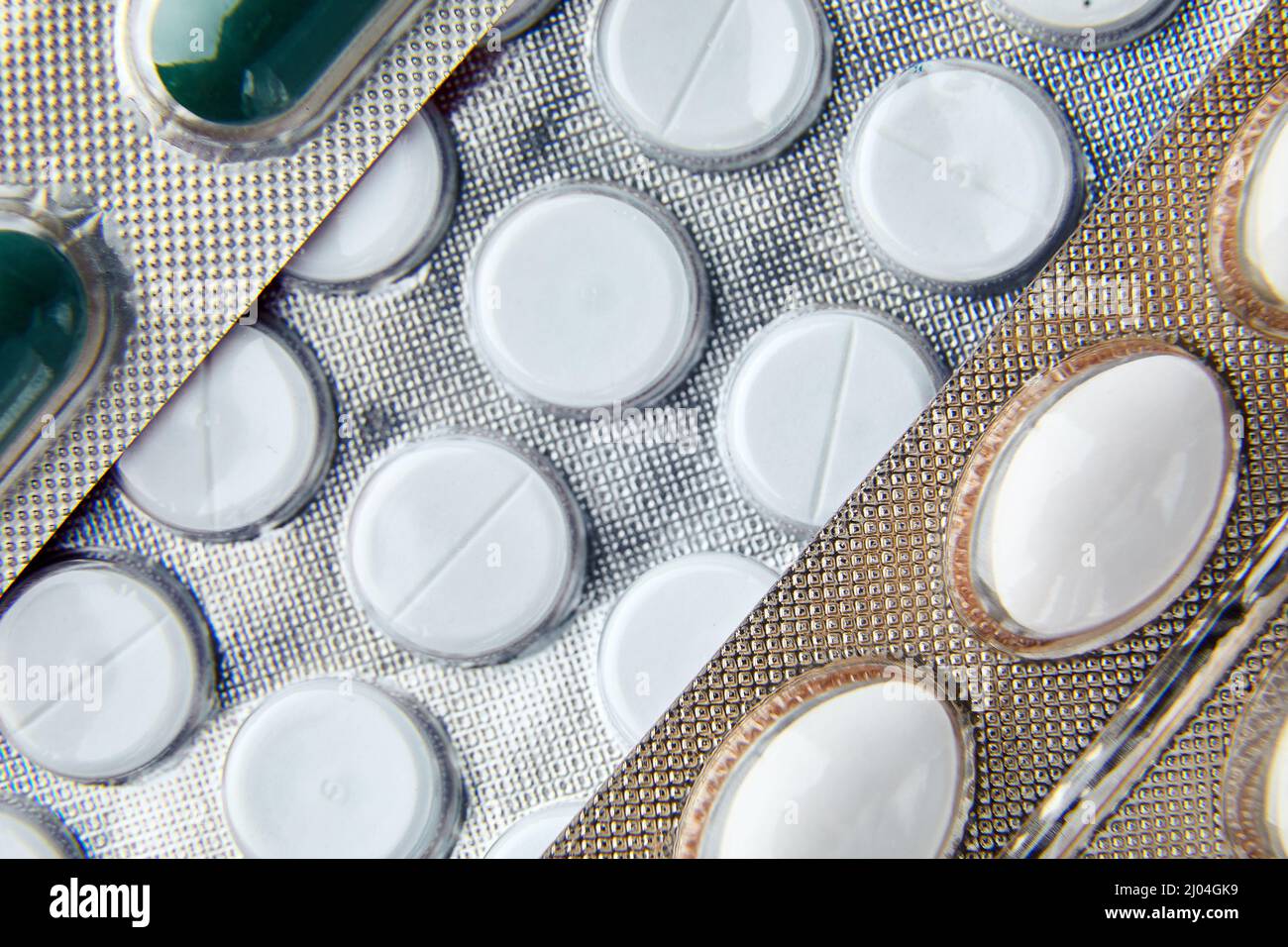 Flat lay macro blister capsule pills, tablets, top view, close up ...