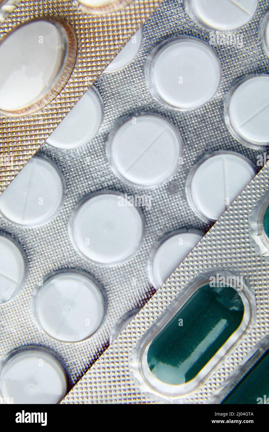 Flat lay macro blister capsule pills, tablets, top view, close up ...