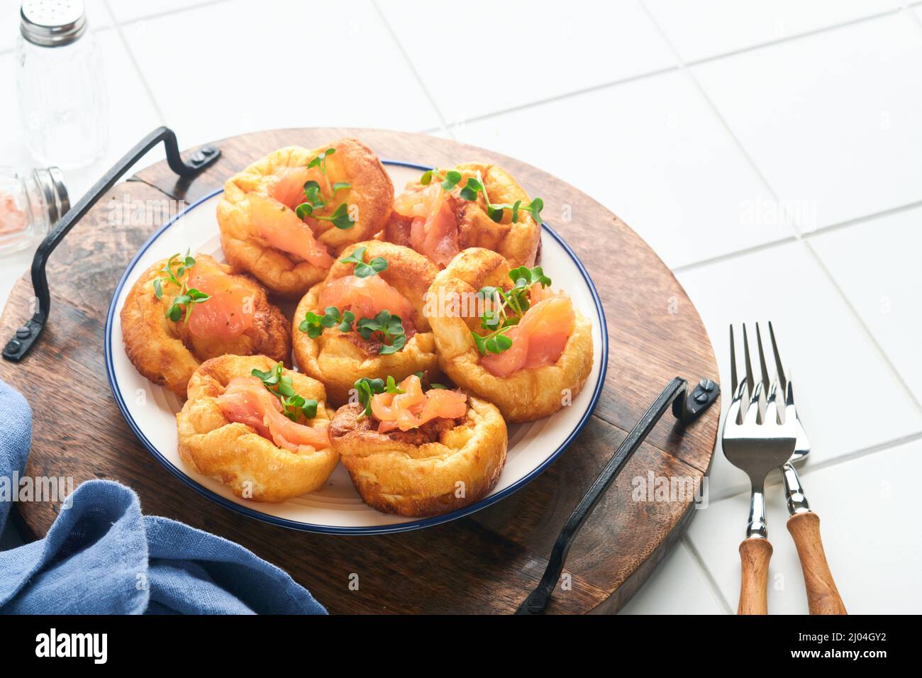 Yorkshire pudding. Traditional English Yorkshire pudding with salmon ...