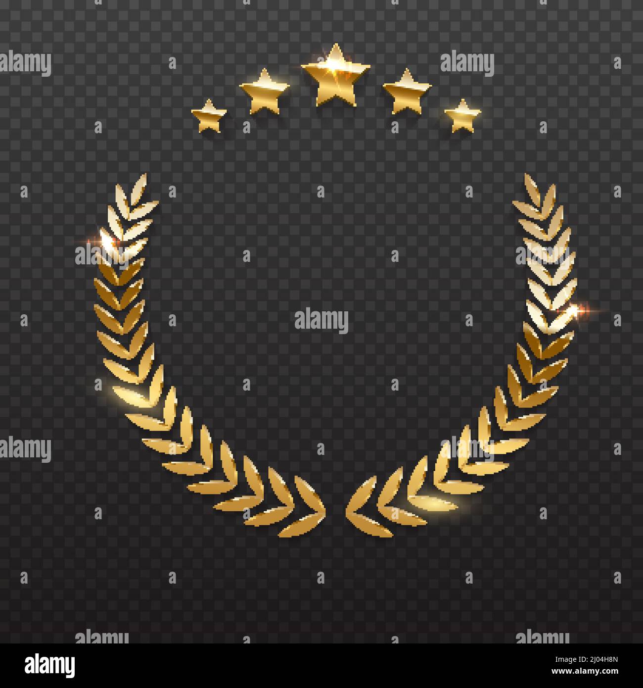 Gold shiny circle laurel wreath with stars vector illustration. Golden shining round badge prize ...