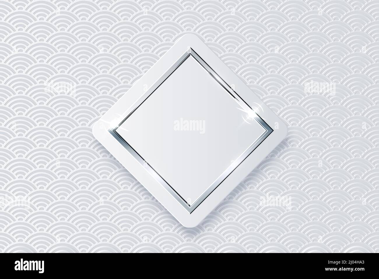 3d rhombus white button with shiny silver, chrome or steel metal square ...