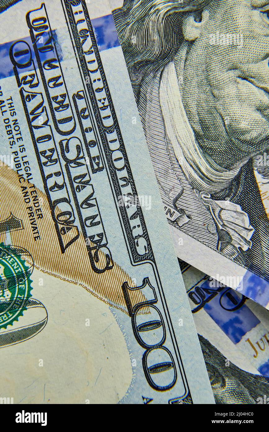 Flat lay Closeup on the bills for a US hundred dollar banknote ...
