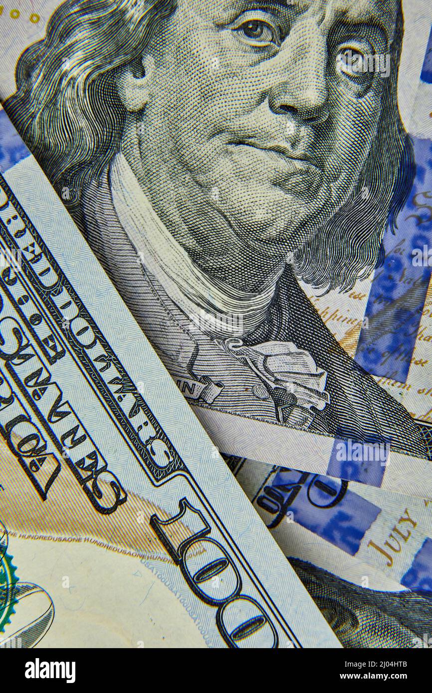 Flat lay Closeup on the bills for a US hundred dollar banknote ...