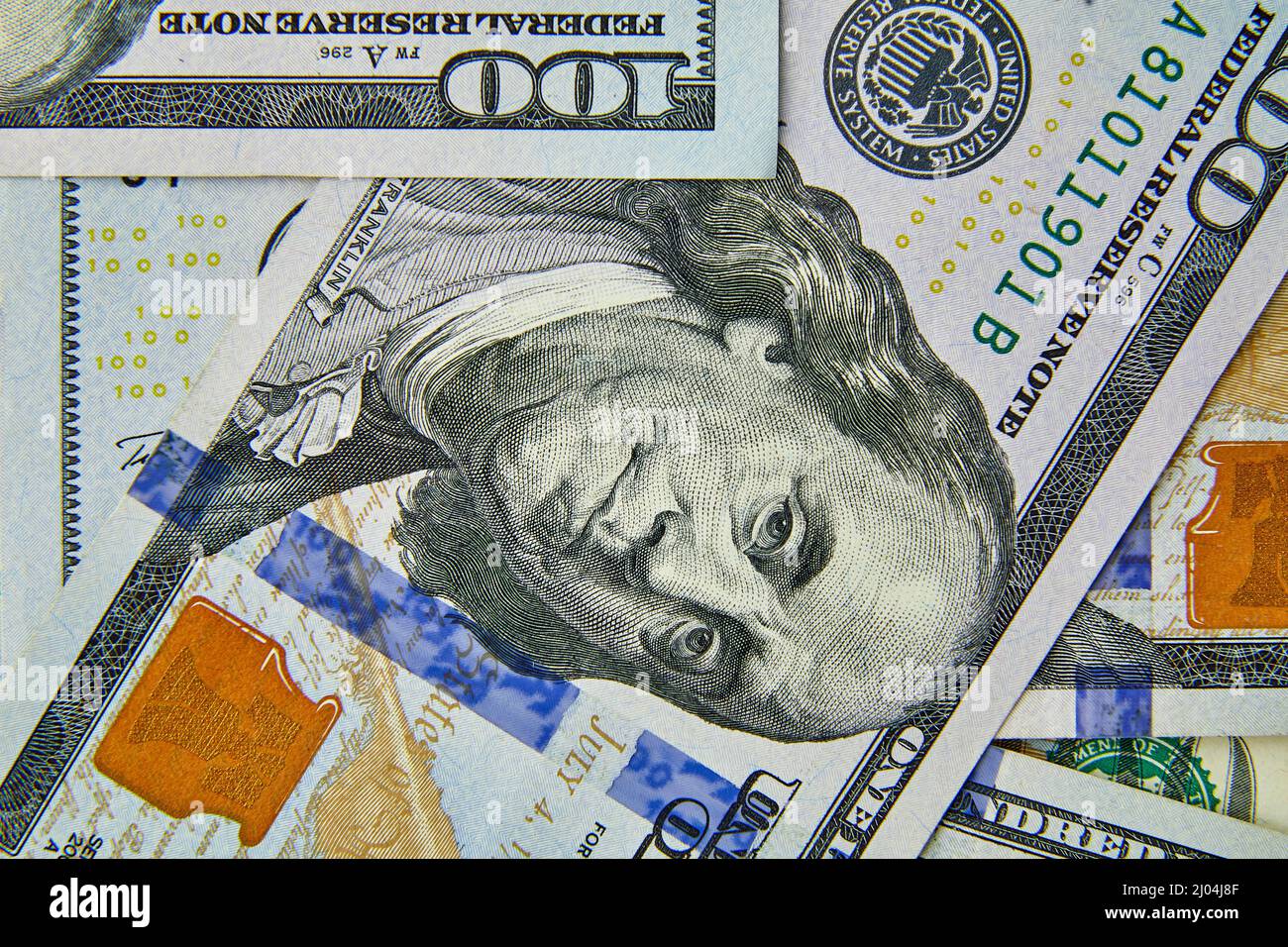 Flat lay Closeup on the bills for a US hundred dollar banknote ...