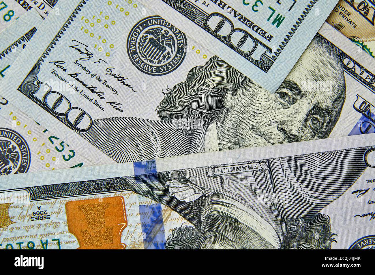 Flat lay Closeup on the bills for a US hundred dollar banknote ...