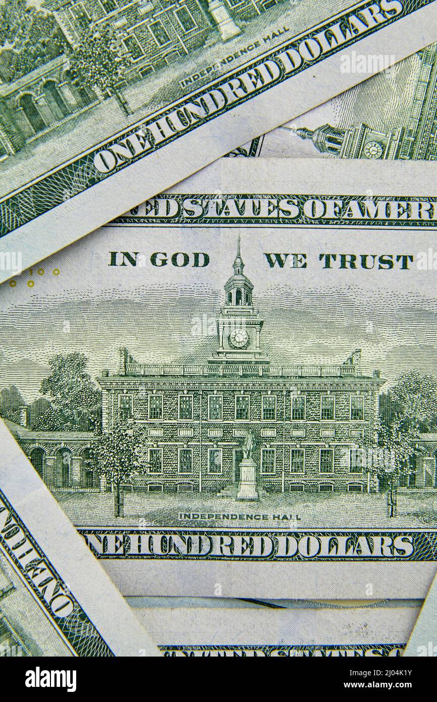 Flat lay Closeup on the bills for a US hundred dollar banknote ...