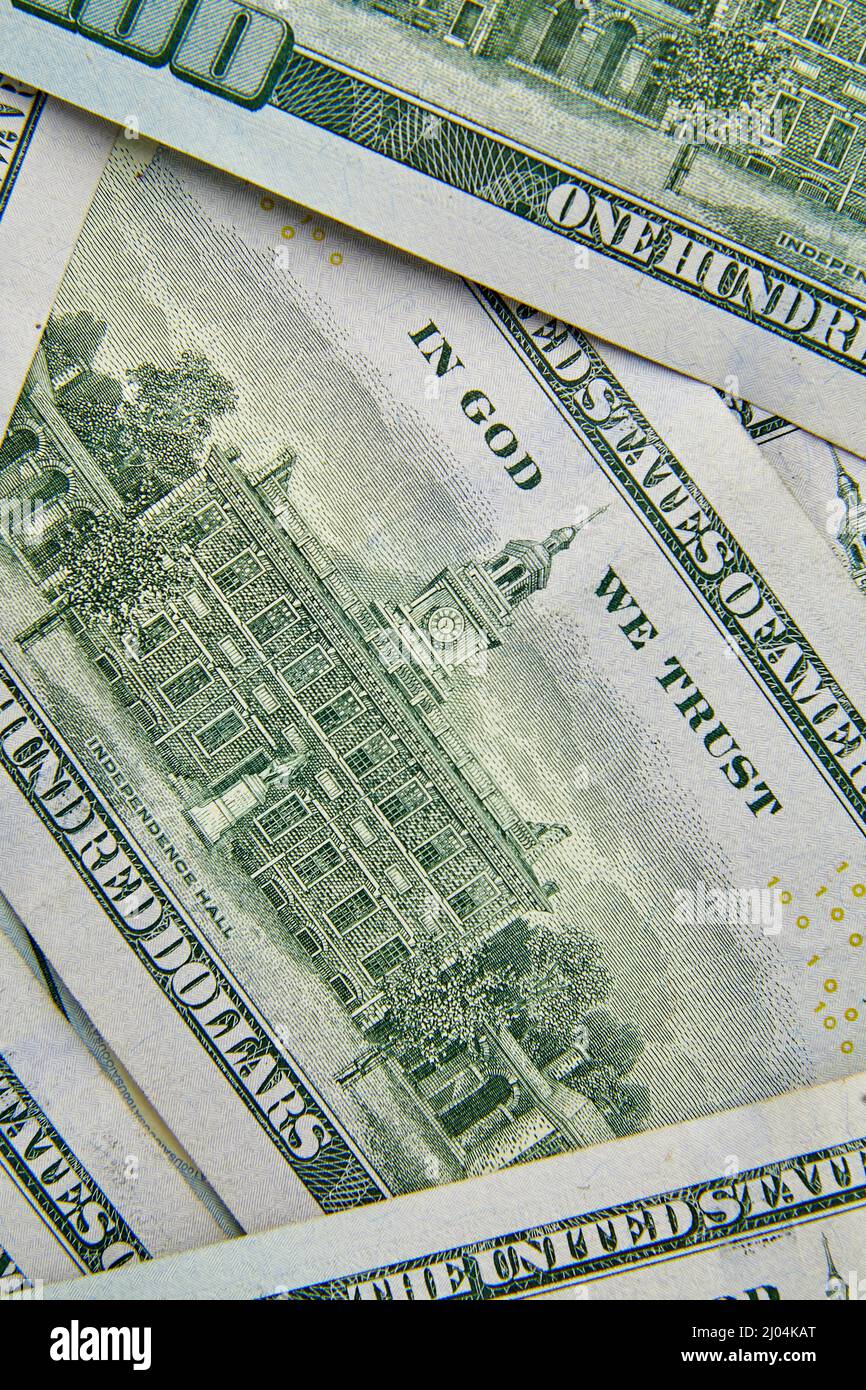 Flat lay Closeup on the bills for a US hundred dollar banknote ...