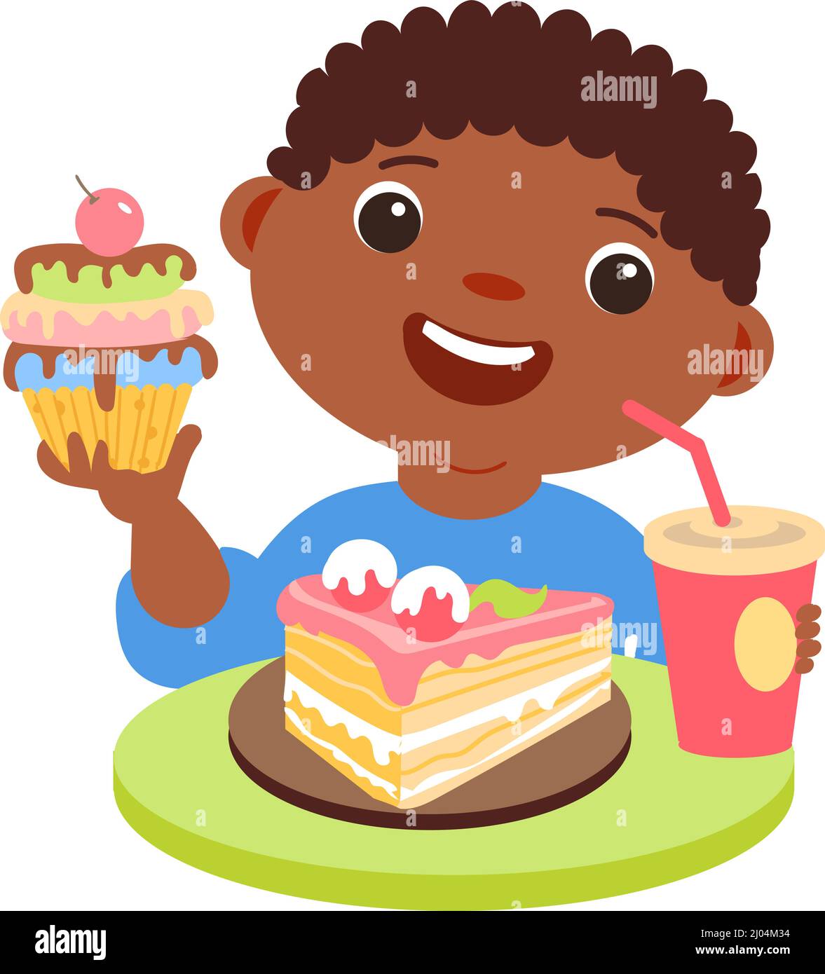 Black boy eats cake and drink soda. Happy child Stock Vector Image ...